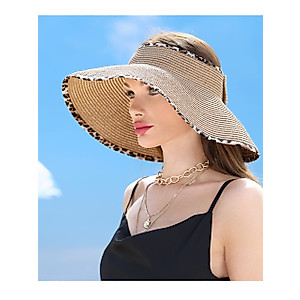 Womens Beach Straw Sun Hats Ponytail Hole Wide Brim Summer Visor Foldable Hat Sun Protection Packable for Travel Pool(One Size,Khaki with Leopard)