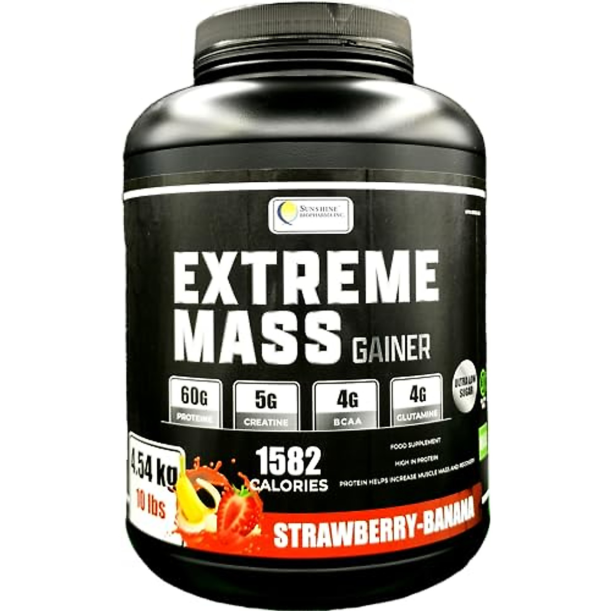 Extreme Mass Strawberry-Banana 10 lbs (4.54 kg) from Sunshine BioPharma, mass gainer protein mix giving the high calorie fortified whey protein with BCAA, creatine, glutamine, vitamins and minerals.
