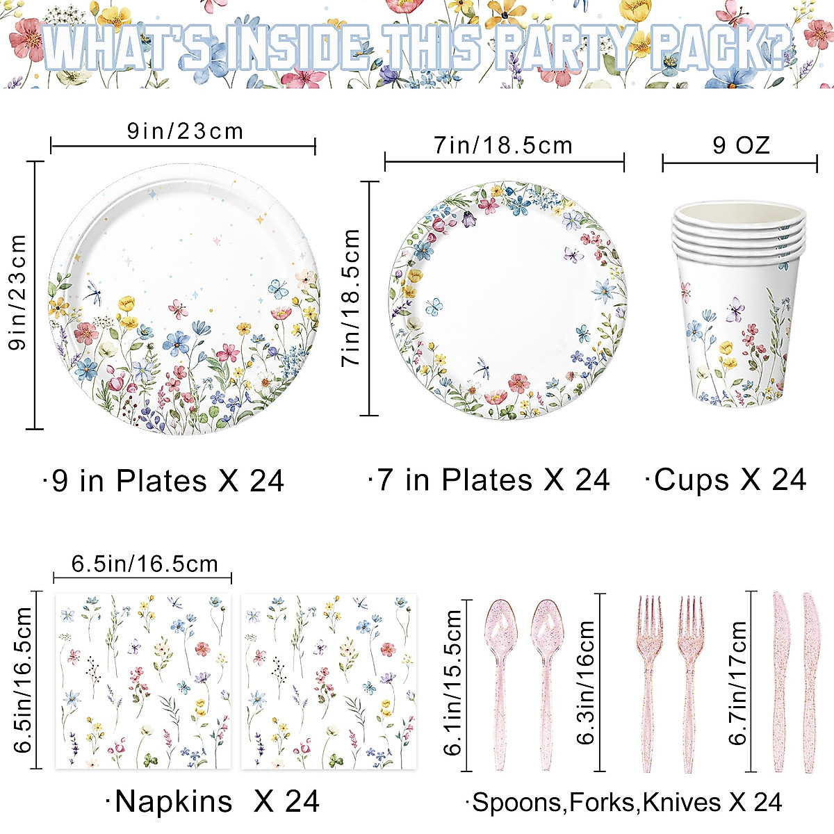 LINHAXM 168PCS Wildflower Party Decorations Spring Floral Baby Shower Birthday Decorations Include Plates, Cups, Napkins, Cutlery for Wildflower Baby Shower Tea Decorations, Serve 24