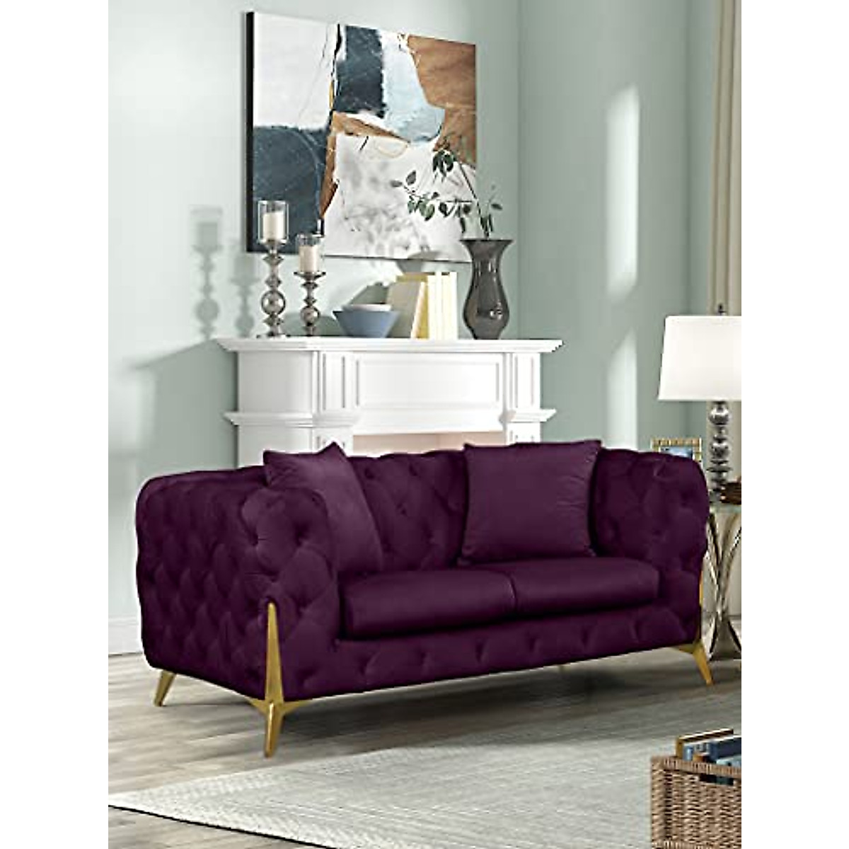 Meridian Furniture Kingdom Collection Velvet Upholstered Loveseat with Deep Button Tufting & Sturdy Gold Metal Legs, Purple