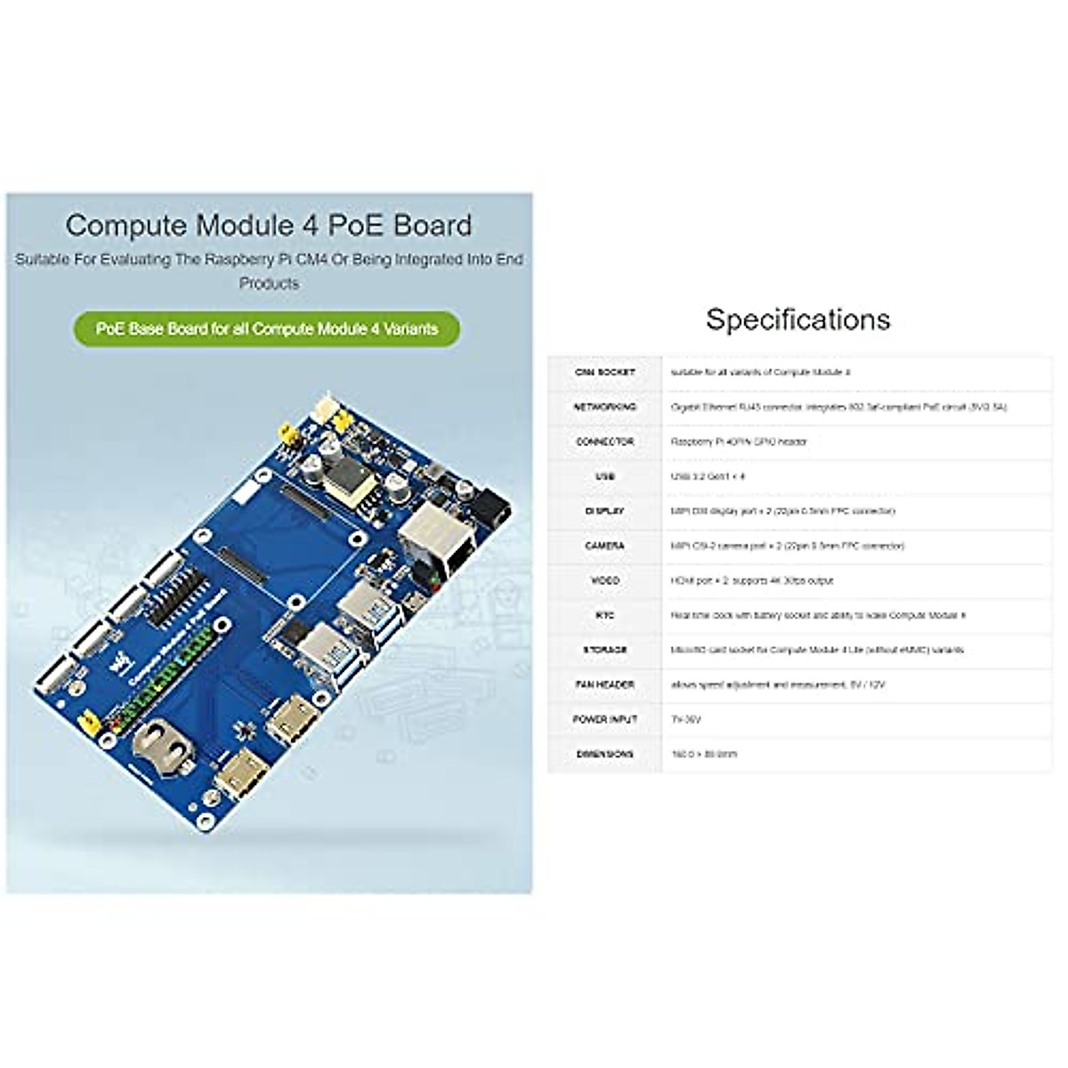 Waveshare Compute Module 4 IO Board with PoE Feature, Compatible with Raspberry Pi, Suitable for All Variants of CM4