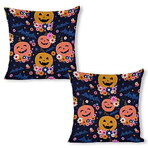 Halloween Pumpkins Flowers Pillow Covers 18x18 Colorful Autumn Pillowcase Set of 2 Linen Throw Pillow Covers Decorative Square Pillow Cases Standard Size for Home Couch Sofa Bed Pillow Protector