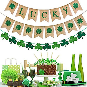 3 Pieces St. Patrick's Day Banner Shamrock Garland Lucky Banner Burlap Irish Garland Green Four Leaf Banner and Felt Shamrock Clover Banner Flags for Saint Patrick's Day Party Decor