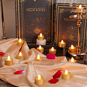 Mudder 24 Pieces Gold Tea Lights LED Candles Tealights Flameless Votive Battery Operated Tea Lights Electric Glitter Flickering Tealight for Valentines Holiday, Wedding, Festival Gift, Party Decor
