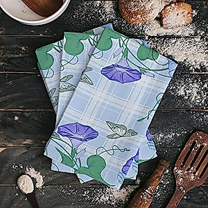 Garden Butterfly Morning Glory Vine Kitchen Cloth Dish Towel 18x28in Pack of 1,Super Soft Absorbent Tea Towels Hand Towel Flower on Blue Lattice Grid Cleaning Dish Cloths for Drying Dishes