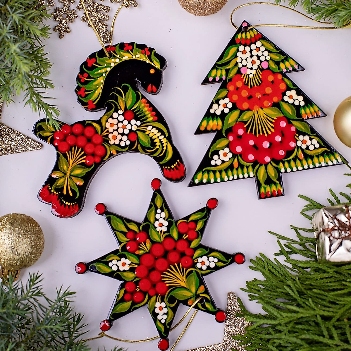 Hand-Painted Christmas Decorations Horse - Star - Tree - 3 Pcs. Set Wooden Painted on Both Sides 9,5 x 9 x 0,5 cm Handmade Christmas Ornaments Folk Art Ukrainian Traditional Petrykivka Craftsmanship