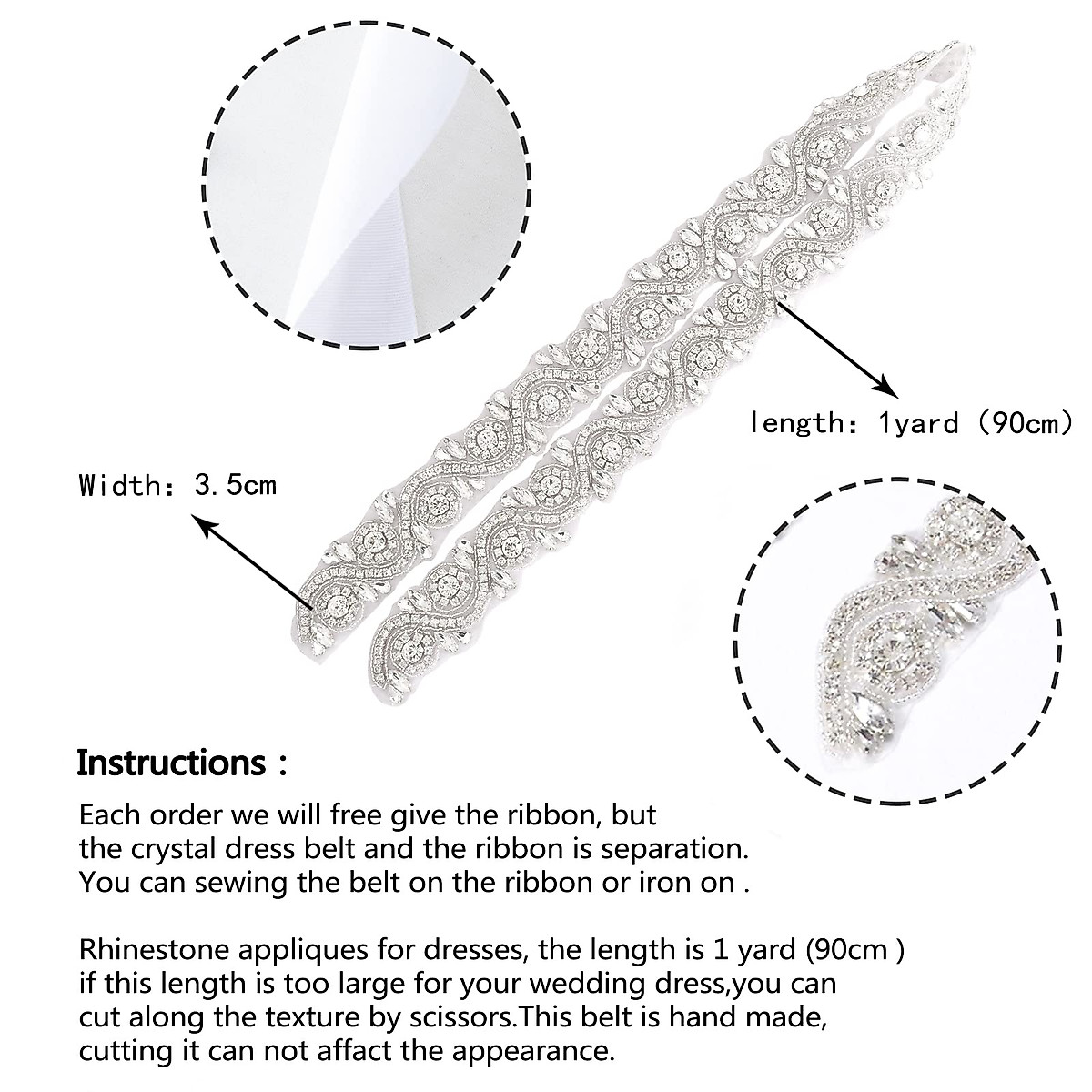 DUOBAO Wedding Belt Rhinestone Applique Crystal Rhinestone Trim 1 Yard Wedding Dress Belt Girls Beaded Sash Belt Silver