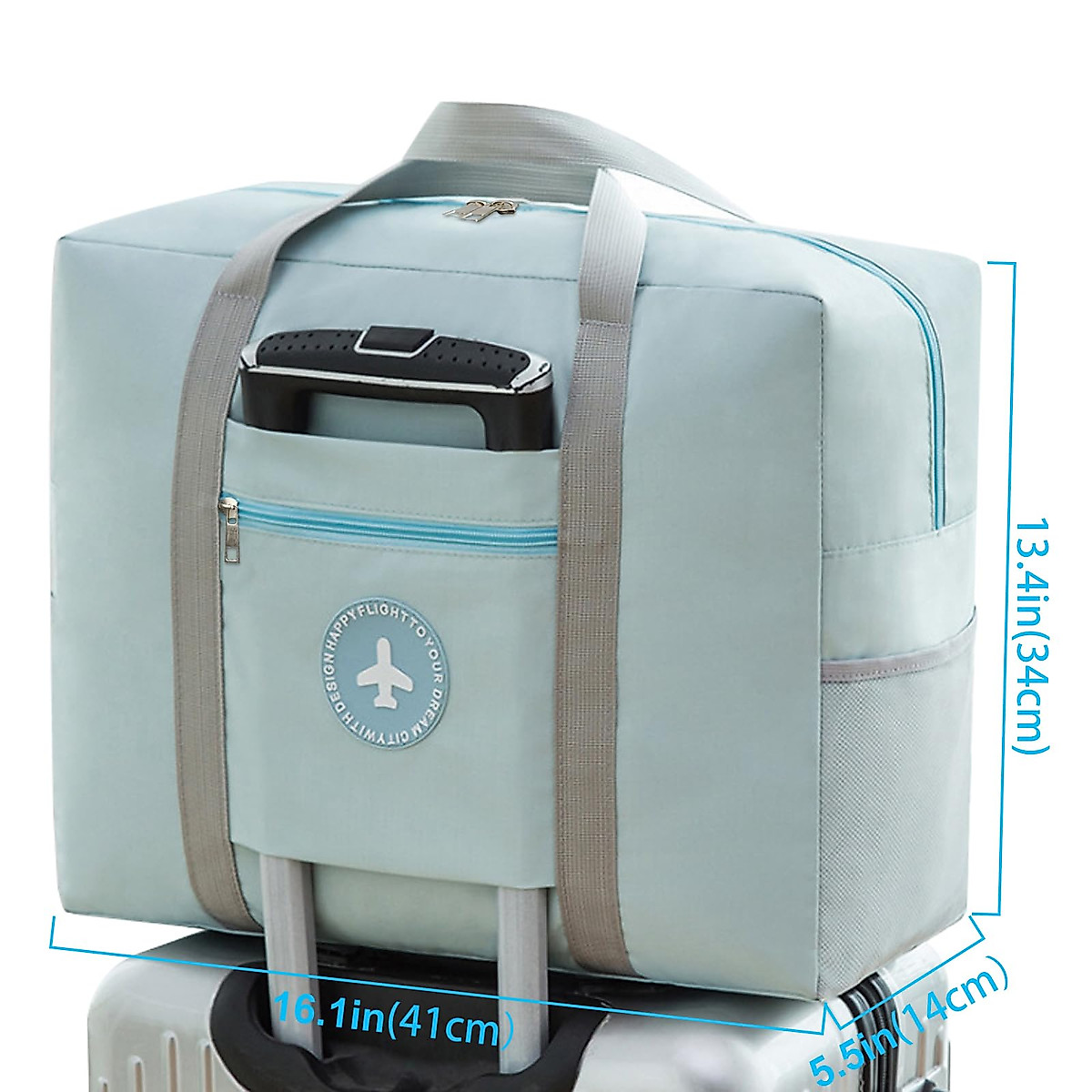 Travel Tote Bag,For Spirit Airlines Personal Item Bag 18x14x8 Foldable Travel Duffel Bag Tote Lightweight Weekender Overnight Carry on Luggage Bag for Women and Men (D-Light blue-lining,side pockets)