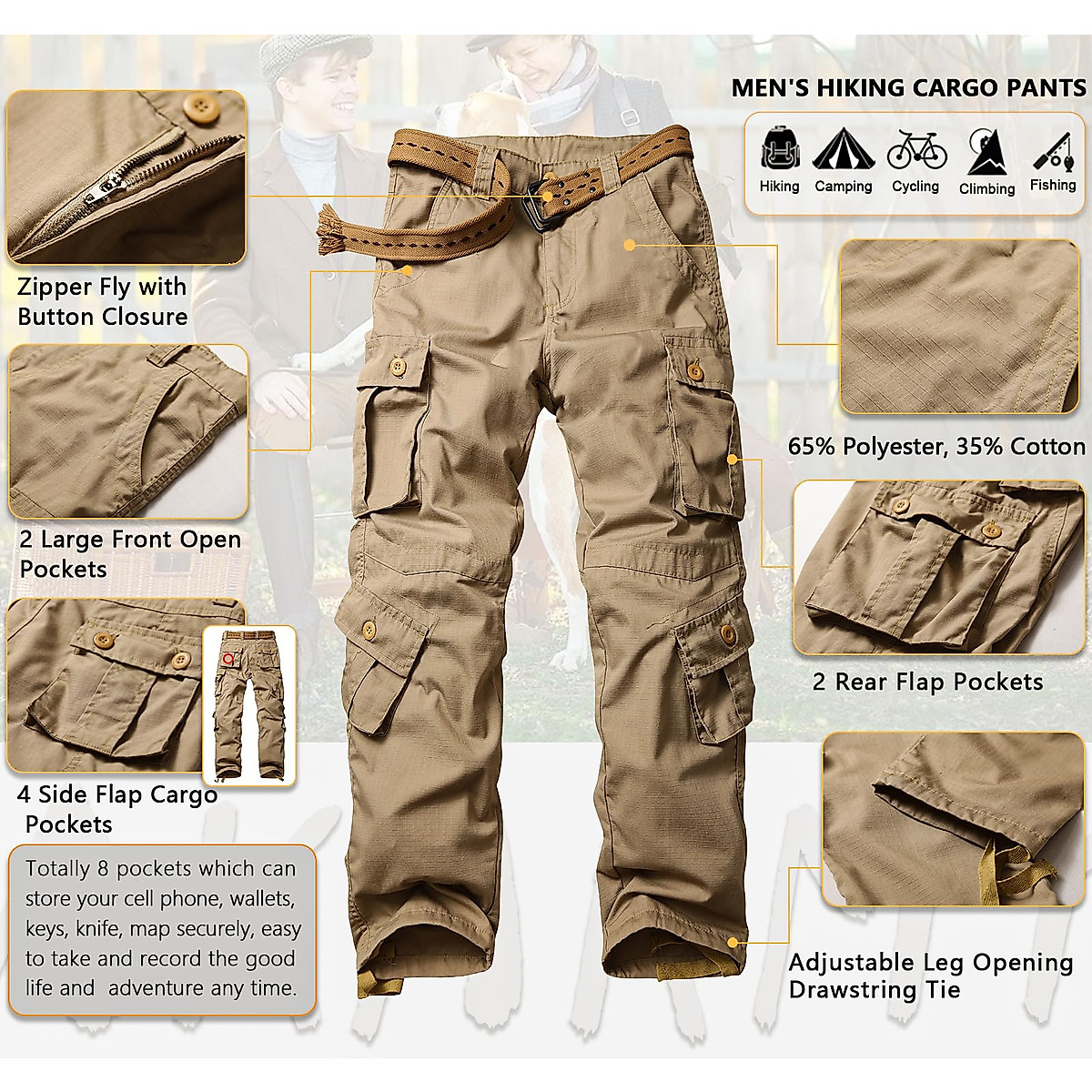 TRGPSG Men's Ripstop Wild Cargo Pants Multi-Pocket Military Army Camo Casual Work Combat Trousers 5335 Khaki 34
