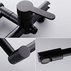 BULUXE Black Pot Filler Kitchen Sink Faucet with Sprayer, Modern Single Handle Retractable Wall-Mount Pot Filler Faucet with Swing arm in Matte Black Solid Brass