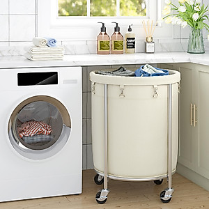 ELYKEN Laundry Basket with Wheels, 170L Rolling Laundry Hamper with Removable Bag and Steel Frame, Round Laundry Cart with 4 Casters and 2 Brakes, Ideal for Bedroom, Bathroom, Laundry Room, Cream