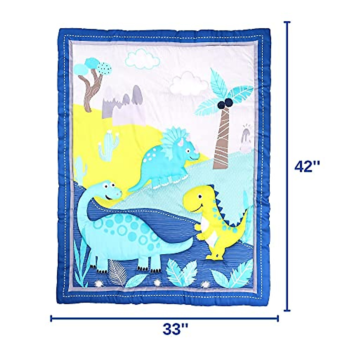 Baby Bees 4 Pieces Cartoon Dinosaurs Crib Bedding Sets for Boys and Girls | Baby Bedding Crib Set of Crib Fitted Sheet, Quilt, Dust Ruffle & Pillow Cover for Standard Size Crib,Blue