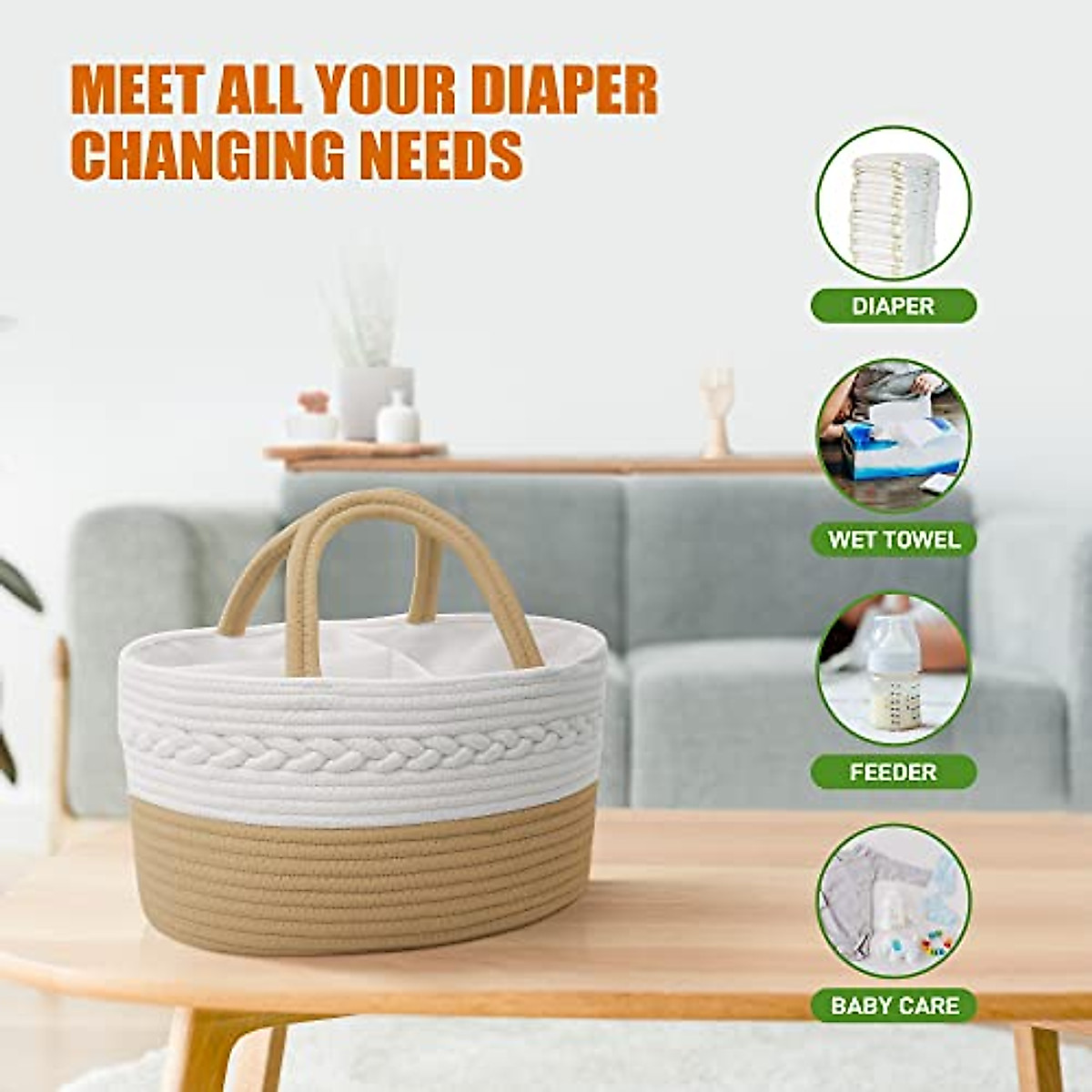 Twira Large Baby Diaper Caddy, Diaper Basket with Divider, Convenient Nursery Storage Box, Rope Diaper Box Organizer for Diapers, Changing Table Diaper Organizer (Brown & White)