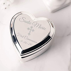 Cherished Moments Personalized Heart Jewelry Keepsake Box with Custom Engraved Cross and Name for First Communion Gift for Girls, Silver Toned