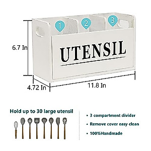 Large Rustic Kitchen Utensil Holder for Countertop, Farmhouse Wooden Utensil Holder for Kitchen Counter, 3 Compartment Rustic Cooking Utensil Holder, Kitchen Utensil Organizer Caddy for Home Decor