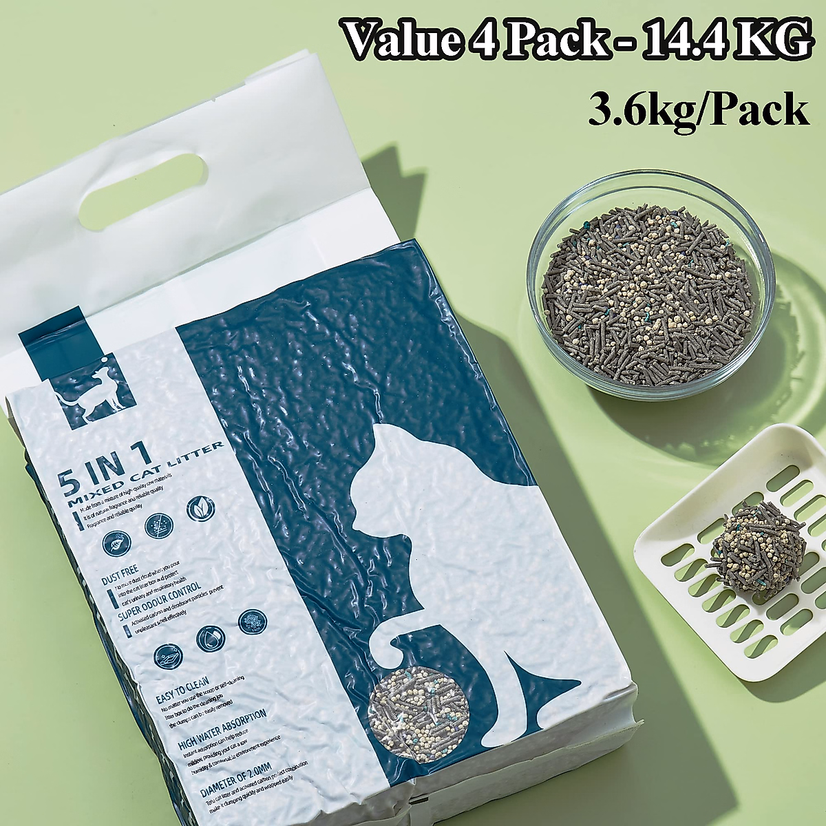 Vealind Clumping Cat Litter, Mixed Cat Litter 5 in 1 Dust-Free Flushable Odor Free Activiated Carbon Tofu Cat Litter (4 PACK-32 Pounds)