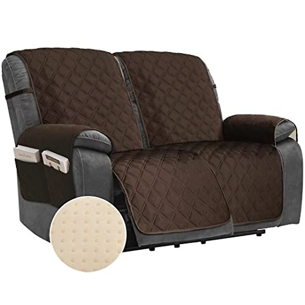 TOMORO Non-Slip Loveseat Recliner Cover, 100% Waterproof Quilted Recliner Chair Slipcover Furniture Protector with Pockets, Washable Couch Cover with Elastic Straps for Kids and Pets