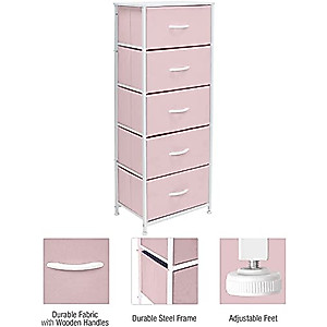 Sorbus Fabric Dresser for Kids Bedroom - Chest of 5 Drawers, Tall Storage Tower, Clothing Organizer, for Closet, for Playroom, for Nursery, Steel Frame, Fabric Bins - Wood Handle (Pink)
