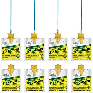 Outdoor Fly Traps 8 Pack with Adjustable Hanging Strings (8 PCS), Disposable Hanging Fly Traps with Natural Pre-Baited Bags | Effective Fly Killer for Backyard, Patio, Park or Farm Yellow