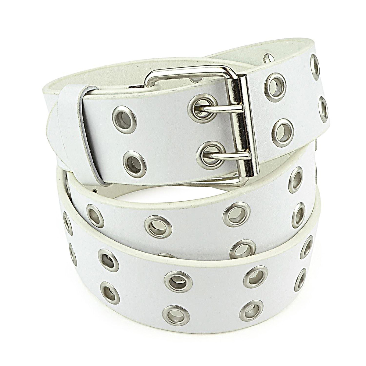 Belle Donne - Women's Double Grommet Leather Jeans Belt, White , Size Medium