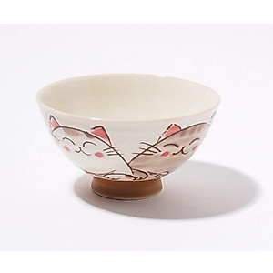 Mino Ware Japanese Rice Bowl Set Ceramic Cute Smiling Cats Design Set of 2 Bowls Pink