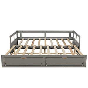 KLMM Extendable Daybed with Two Storage Drawers, Twin/King Size Foldable Daybed Solid Wood, Roll Out Trundle Accommodate Twin Size Mattresses (Gray)