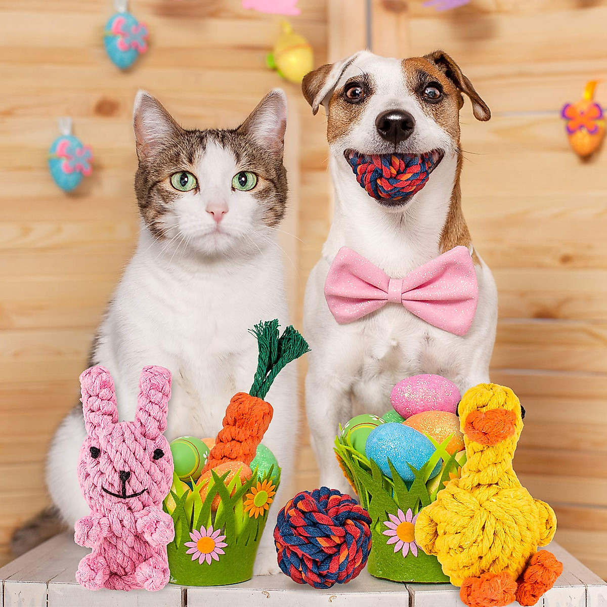 Whaline 4PCS Easter Dog Toy Kit Puppy Chew Toy Carrot Ball Rabbit Yellow Duck Cotton Rope Toy for Easter Pet Gifts Small Medium Large Dog Pets Playtime Teeth Cleaning