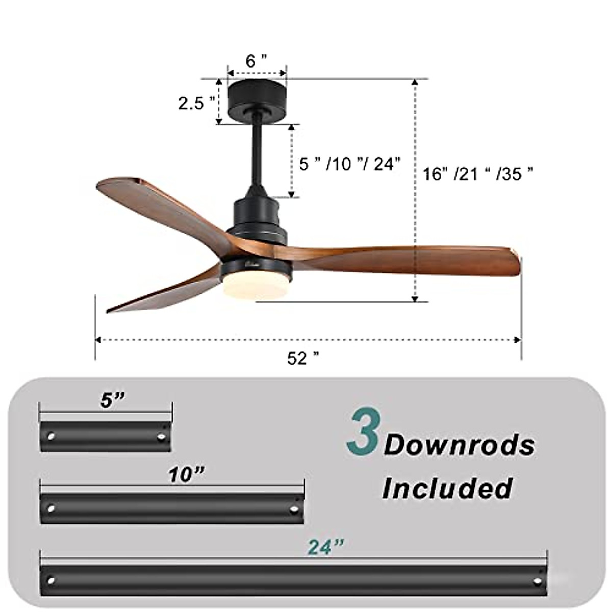 Sofucor 52 Inch Wood Ceiling Fan With Lights Remote Control Dimmable LED Light 3 Walnut Fan Blades Reversible DC Motor Modern Ceiling Fan with 3 Downrods(5 inch/10 inch/24 inch) for Farmhouse/Patios