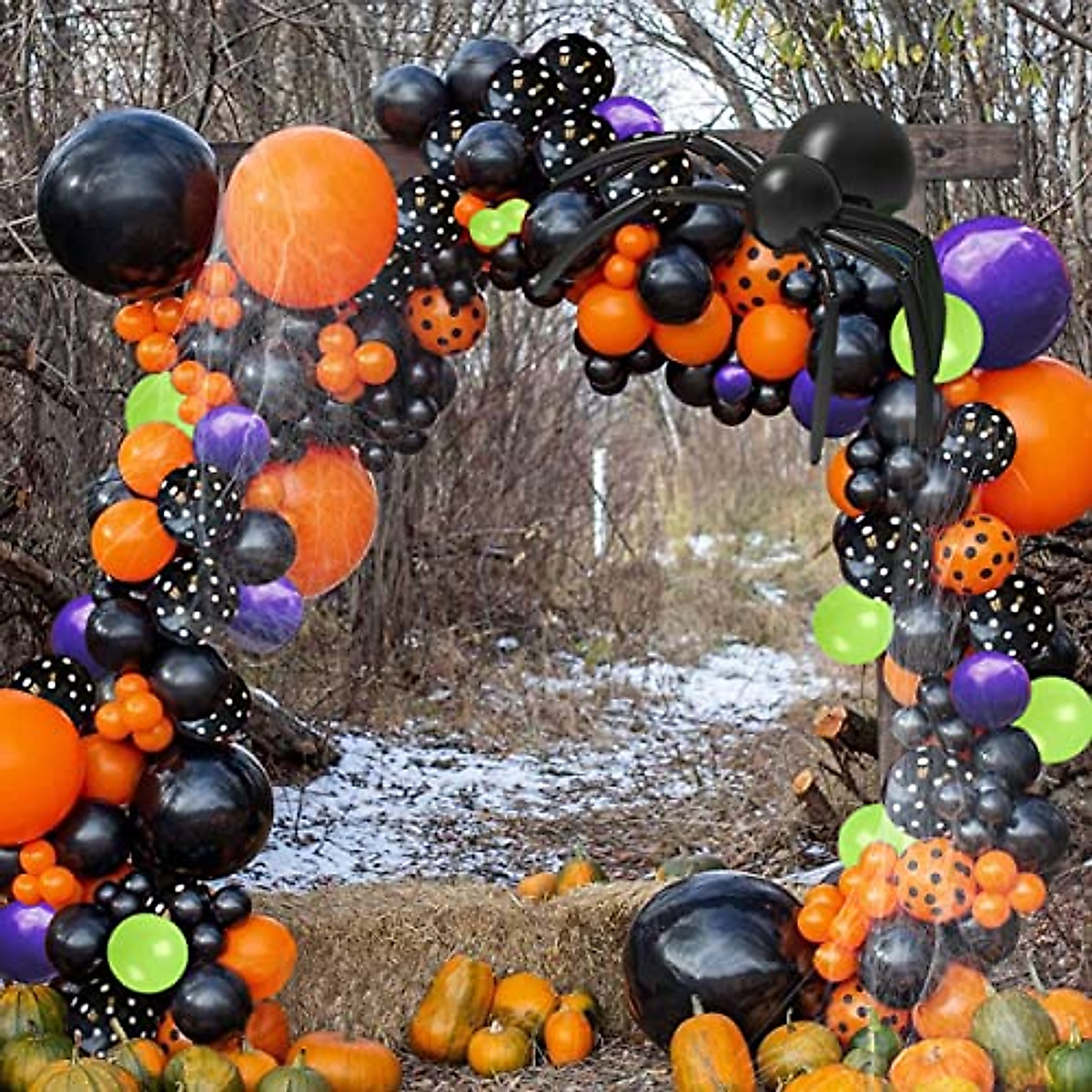KAKAN Halloween Balloon Arch Kit, Halloween Balloon Garland with Halloween Spider Web, Black Orange Purple Balloons, Dot balloon, Long Balloon, 3D Bat Sticker, Tool Set for Halloween Party Decorations