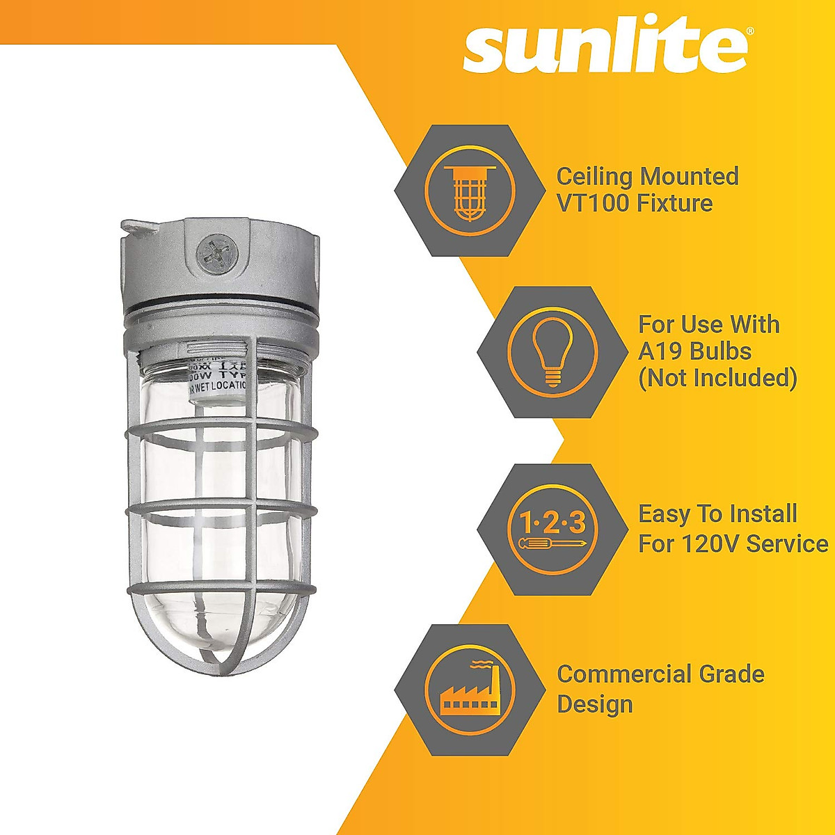 Sunlite 41329-SU Vaporproof Industrial Jar Fixture, Ceiling Mount, Medium Base Socket (E26), 100W Max, 120 Volt, Outdoor, UL Listed, Clear Glass Jar, Metallic Finish