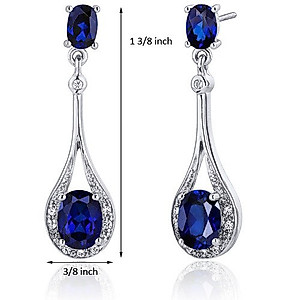 Peora Created Blue Sapphire Dangle Earrings 925 Sterling Silver, Halo Drop Oval Shape, 5 Carats total, Friction Backs