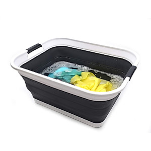 SAMMART 42L(11 gallon) Collapsible Plastic Laundry Basket-Foldable Pop Up Storage Container-Portable Washing Tub-Space Saving Basket,Water capacity 34L(9 gallon) (1 Rectangular - strengthen, Black)