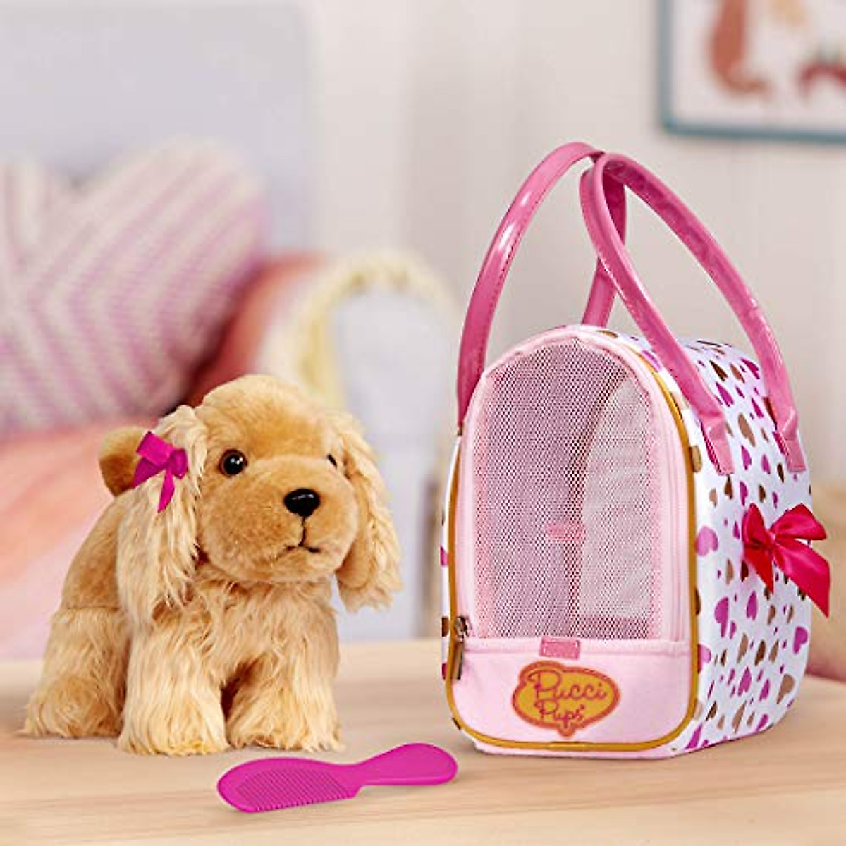 Pucci Pups - Gold & Pink Heart Print Glam Bag w/Cocker Spaniel, 8 inches