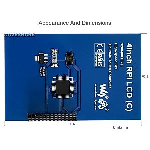 waveshare 4inch Resistive Touch Display Compatible with Raspberry Pi 4B/3B+/3B/2B/B+/A+/Zero/Zero W/WH/Zero 2W Series Boards 480×320 Resolution 125MHz High-Speed SPI