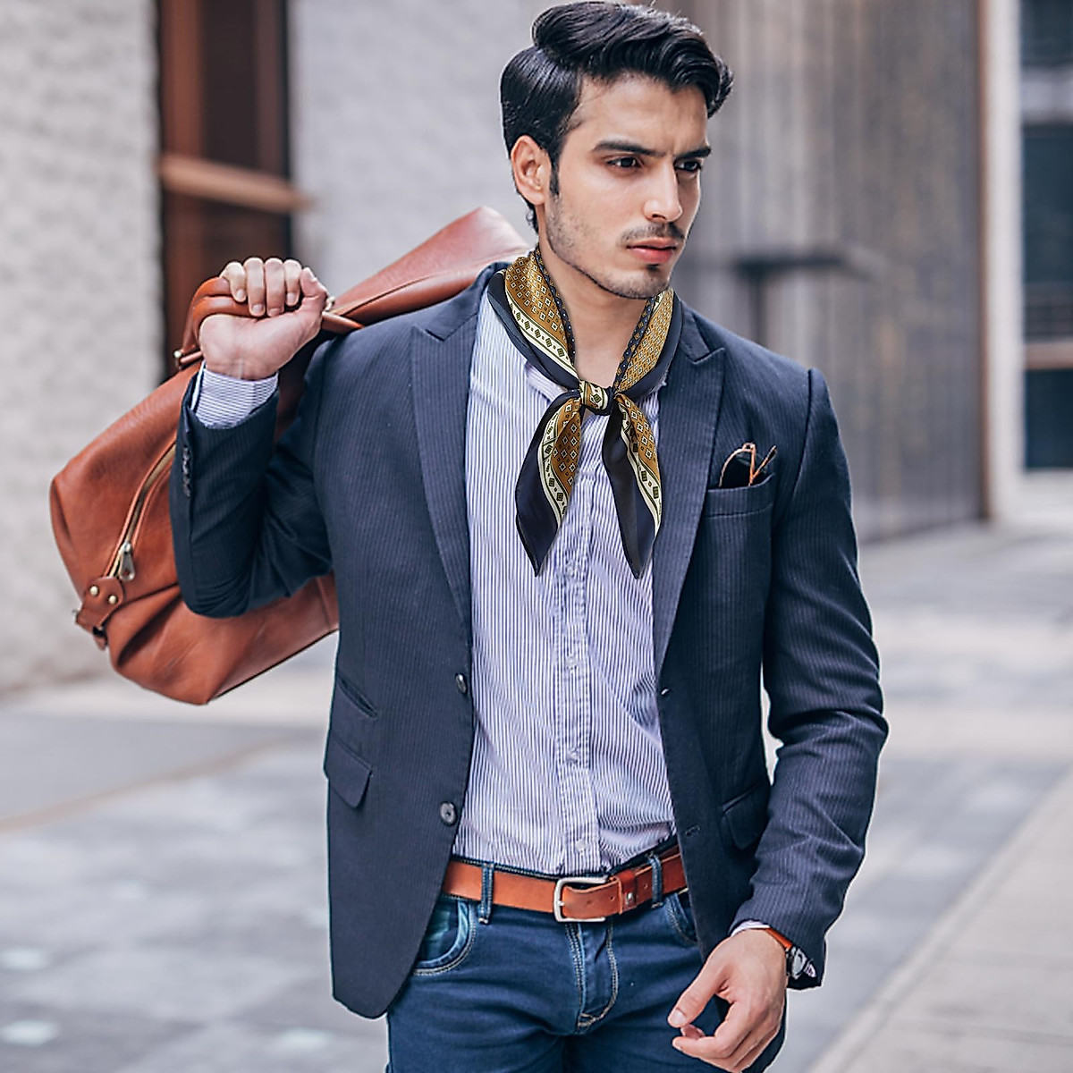 GERINLY Silk Square Neck Scarf for Men Vintage Kerchief Classic Grid Cravat Elegant Gentleman Neckerchief for Costume (Navy)