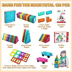 Bmag Magnetic Tiles, 120 PCS Magnetic Building Blocks, 3D Magnet Tiles for Kids Boys Girls, STEM Construction Building Set, Stacking Toys with 2 Car