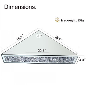 Mirrored Floating Conner Shelf, Silver Mirror Crushed Diamond Decorative Wall Shelf for Home Decoration Crystal Diamond Wall Art Decor Accent Piece Showcase 16.1" L×16.1" W×4.3" H, Set of 2