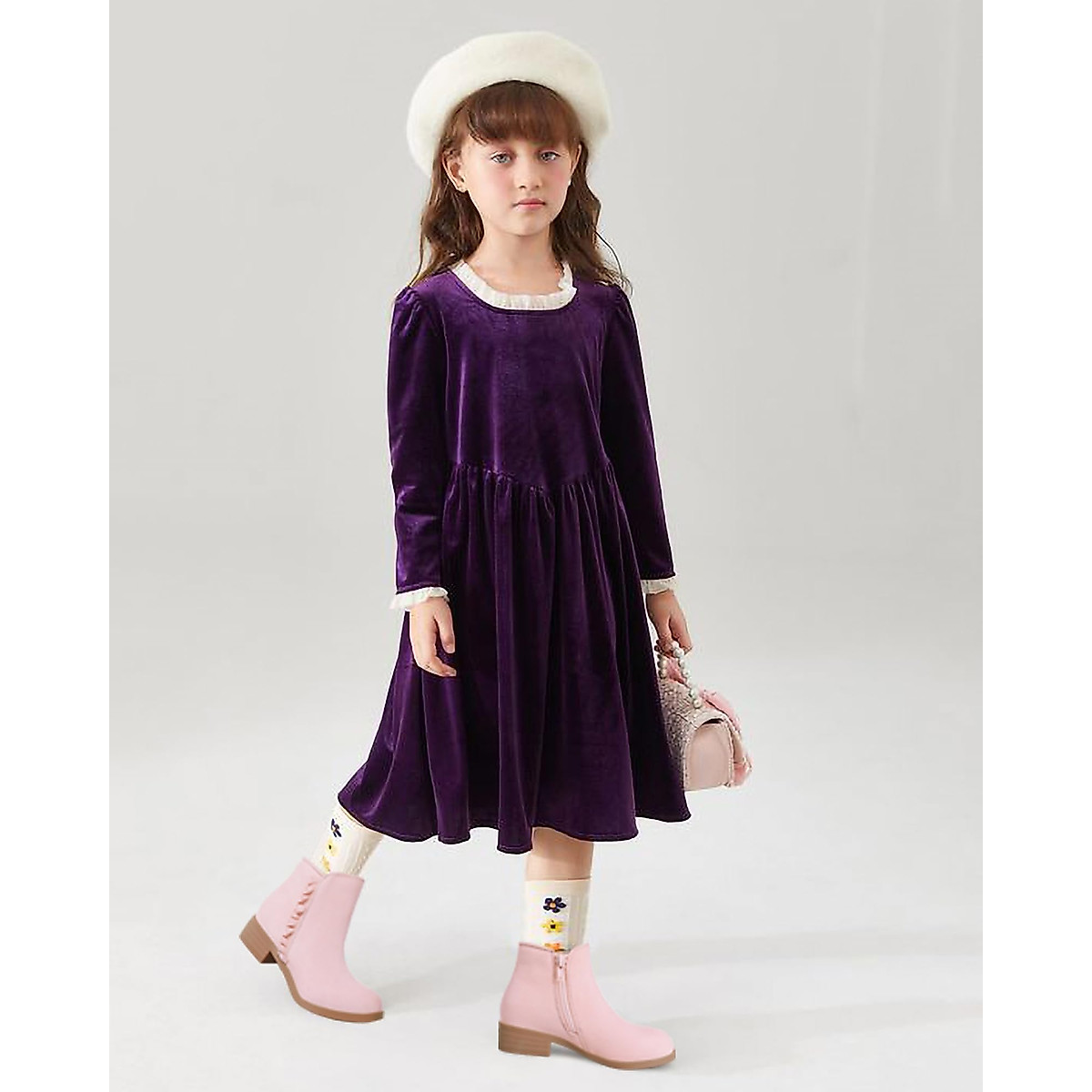 Coutgo Girls Ankle Boots Kids Ruffle Dress Booties Fashion Chunky Side Zip Casual Shoes