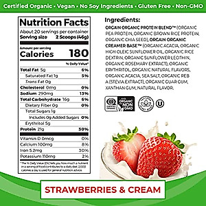 Orgain Organic Vegan Protein Powder, Strawberries & Cream - 21g of Plant Based Protein, Low Net Carbs, Gluten/ Lactose Free, No Sugar Added, Soy Free, Non-GMO, 2.03 Lb