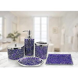 LushAccents Bathroom Accessories Set, 5-Piece Decorative Glass Bathroom Accessories Set, Soap Dispenser, Soap Tray, Vanity Tray, Jar, Toothbrush Holder, Elegant Lavender Mosaic Glass