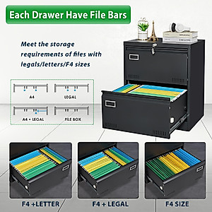 Nanberone Lateral File Cabinet, 2 Drawer Metal Lateral Filing Cabinet Hanging File with Lock for for Legal/Letter/F4 Size, Large Printer Stand Lockable File Cabinets for Home Office School, Black