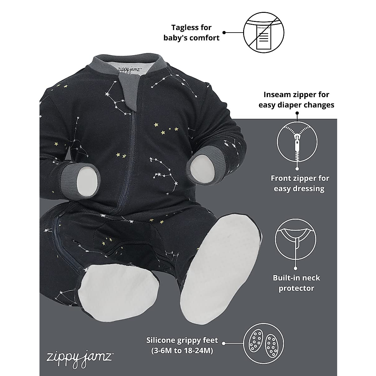 zippyjamz – Zipper Organic Sleeper Footed Baby Pajamas with Inseam Zipper (Galaxy Love - Navy, 6-9 months)