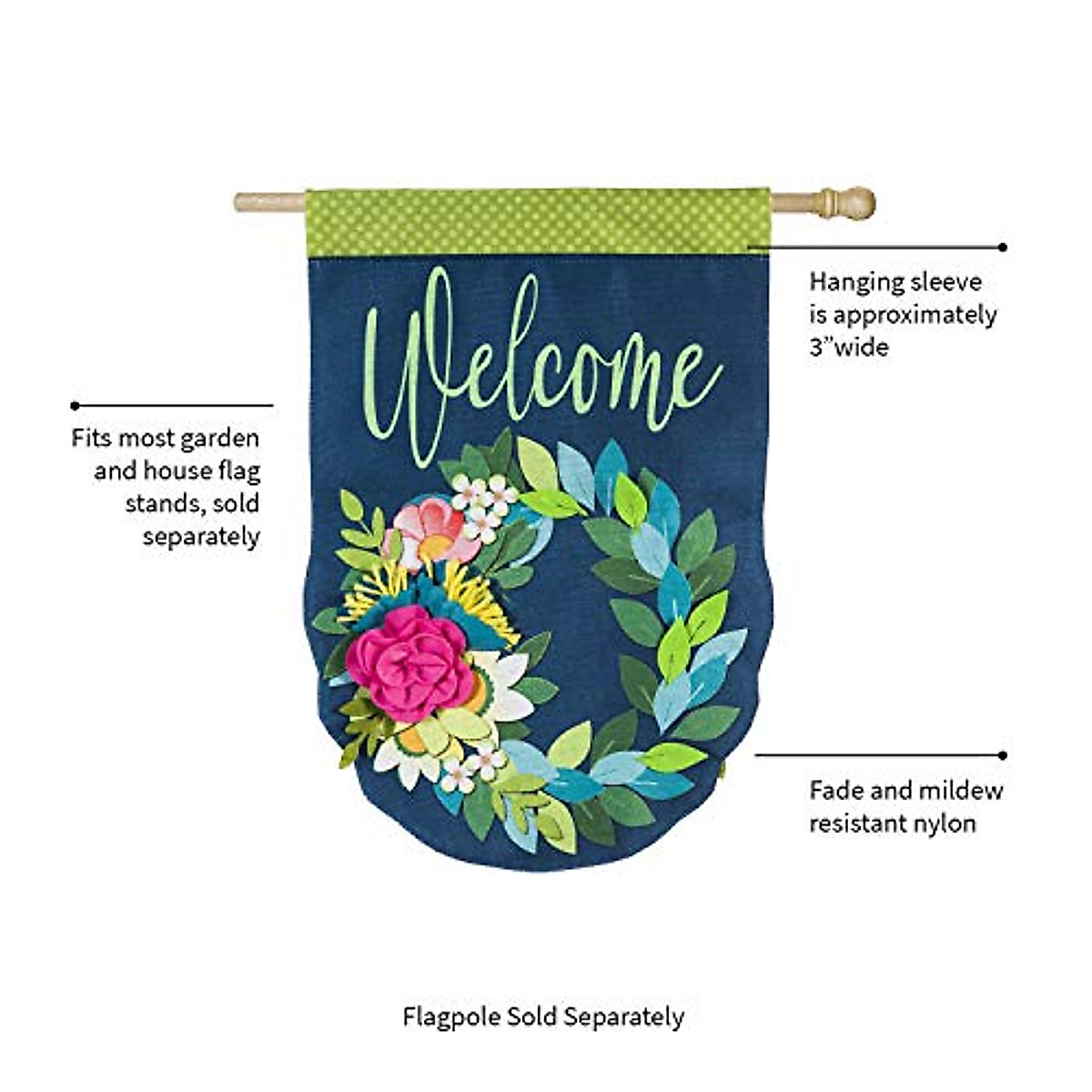 Evergreen Welcome Spring Floral Wreath House Size Flag | Double Sided & 3D Applique Stitching Burlap | Blue Green Pink | 44-in x 28-in | Outdoor Home Décor Lawn Yard Patio Deck Porch