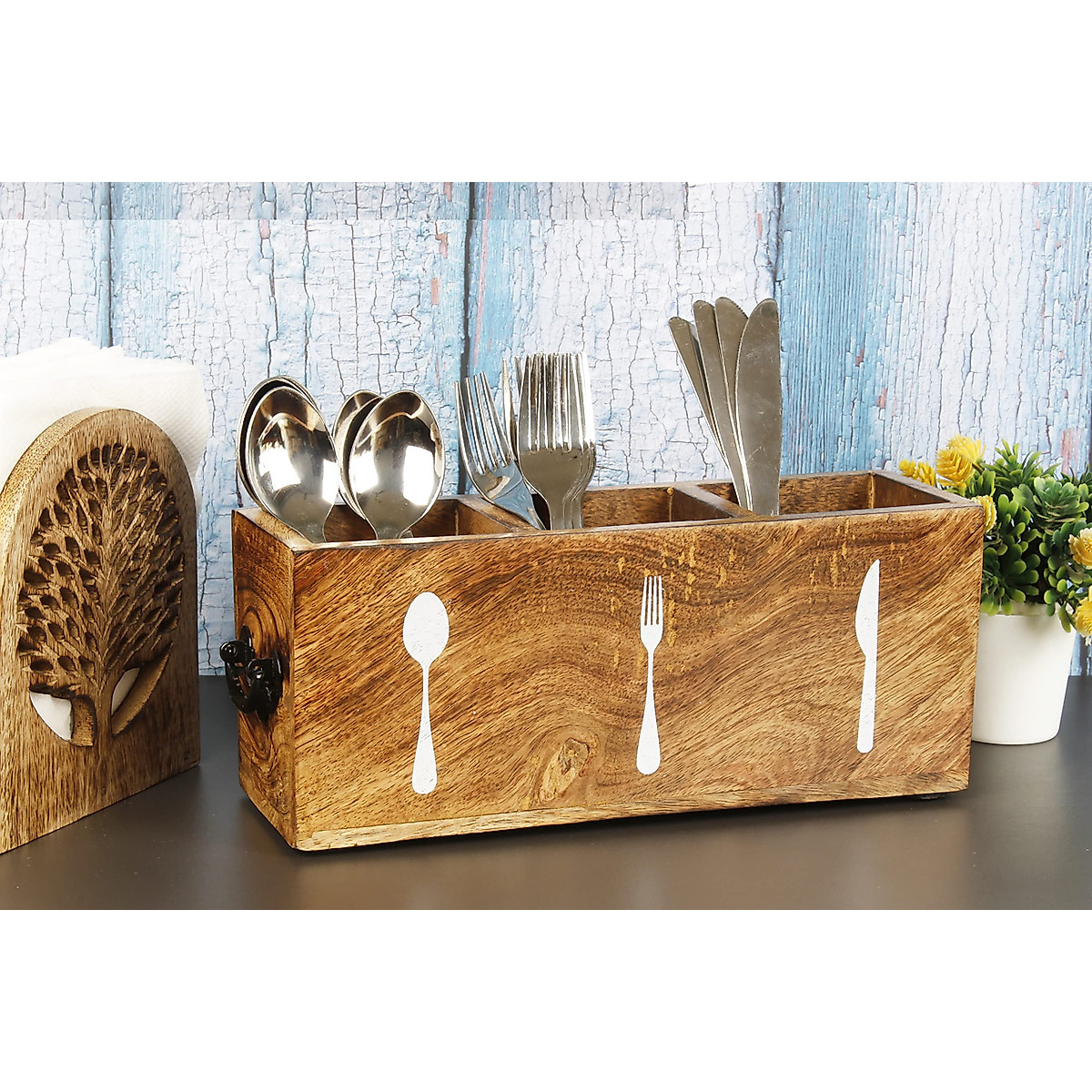 Mother's Day Gifts Wooden Kitchen Utensil Holder With 3 Compartments Wood Utensil Organizer for Cutlery, Napkins, Cups Caddy Organizer | 10.5 X 3.5 Inch