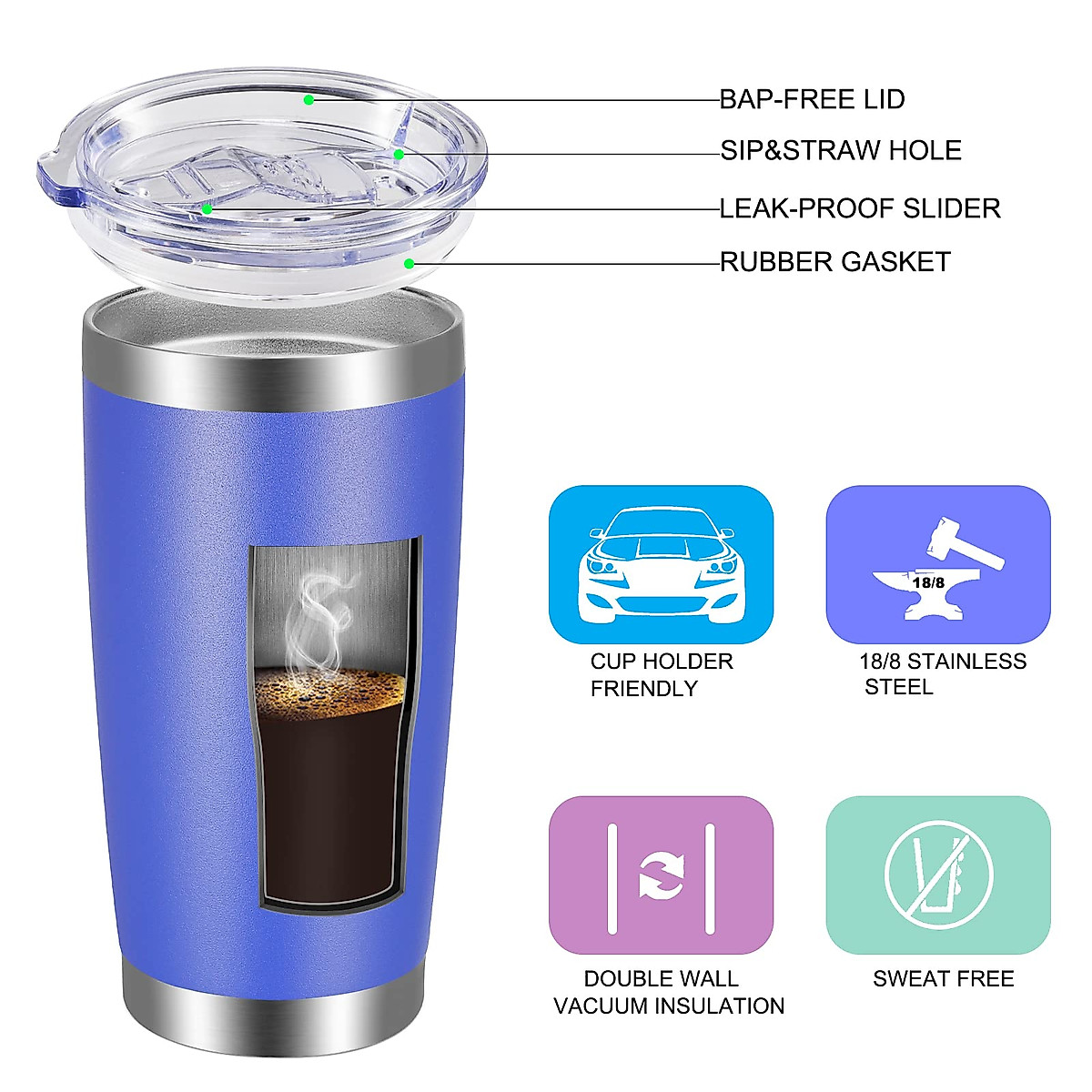 VEGOND 20oz Tumbler with Lid and Straw Stainless Steel Tumbler Cup Vacuum Insulated Double Wall Travel Coffee Mug Powder Coated Coffee Cup (Bluish Violet 1 Pack)