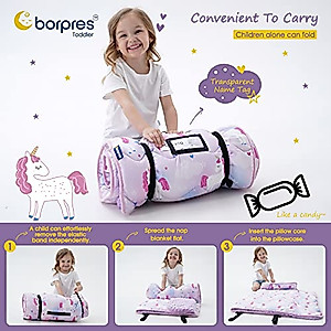 BORPRES Toddler Nap Mat-Nap Mats for Preschool Daycare Boys Girls,Kids Sleeping Mat with Removable Pillow and Blanket,Extra Thick Large Slumber Bag for Travel Camping,Unicorn.