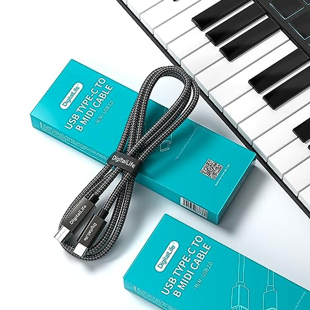 DigitalLife 2m USB Type C to B MIDI Interface Converter Cable, Compatible with Windows 11 / macOS 14 Sonoma (Metal, Nylon Braided)