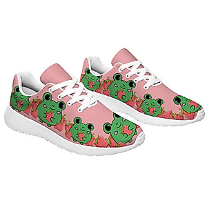 Pink Cute Strawberry Frog Sneakers for Women Girl,Personalized Lightweight Soft Tennis Running Shoes Gifts for Ladies Sister,US Size 9 Women/7.5 Men