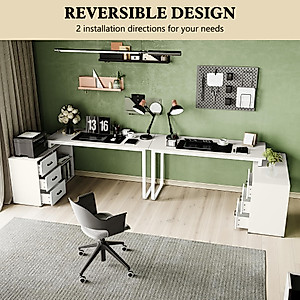 ARTPOWER 55" L Shaped Computer Desk with Storage Cabinet, Large Home Office Corner Desk with 3 Drawers and Shelf,Computer Table for PC Executive Writing Study Work,Reversible Gaming Desk, White