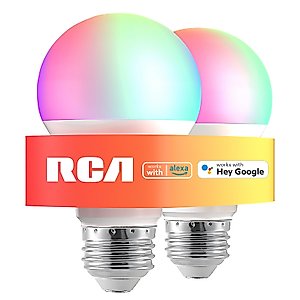 RCA Smart Light Bulbs, Multicolor LED, WiFi, Dimmable Color Changing Light Bulb, 800 Lumens 10W, Alexa & Google Home Compatible, 60W EQ A19 RGB Light, 2.4GHz only, No Hub Req, 2-PK